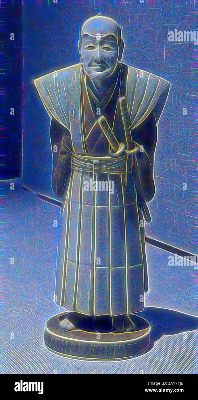 A stylized statue of a samurai, standing upright with a welcoming smile ...