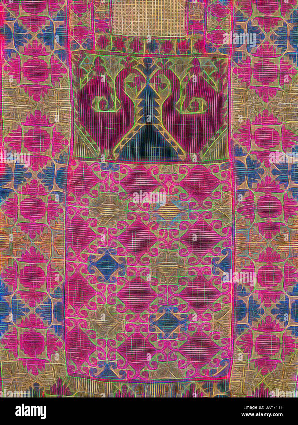 A vibrant textile featuring intricate patterns of bold colors and ...