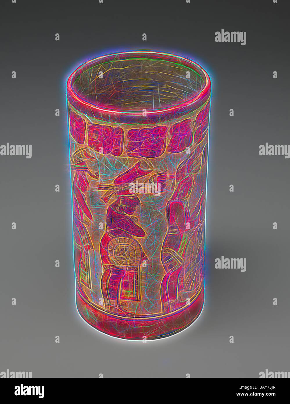 A cylindrical vessel adorned with intricate carvings depicting figures ...