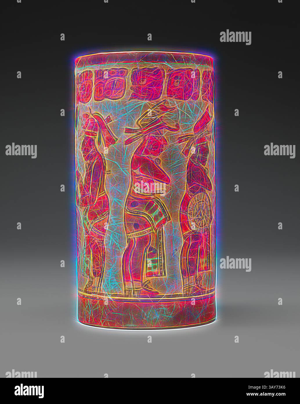 A cylindrical artifact featuring intricate engravings of figures in ...