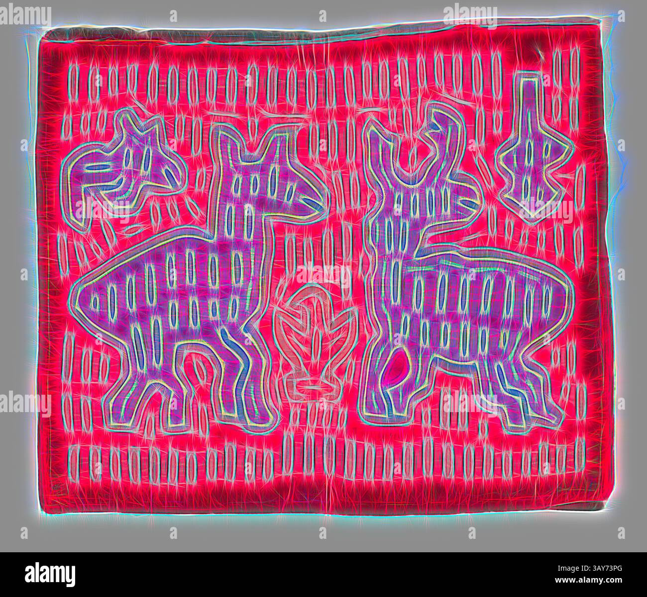 A vibrant textile featuring stylized animal figures, with geometric ...