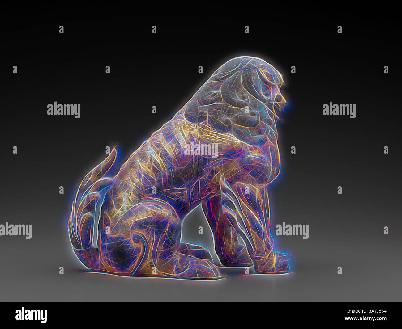 A stylized, abstract representation of a seated lion, depicted with ...