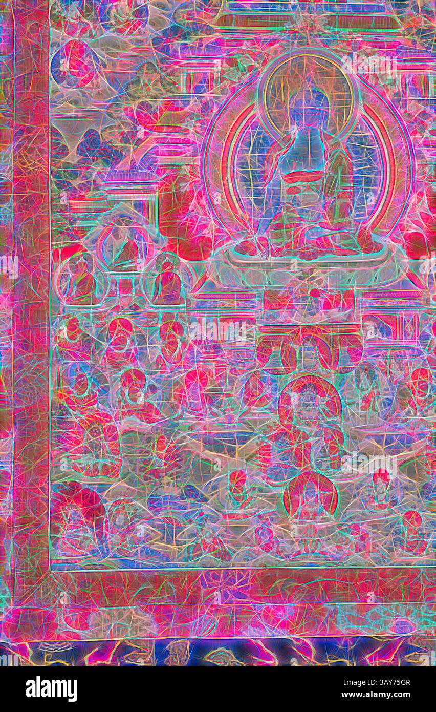 A vibrant, abstract representation of a spiritual scene, featuring a ...