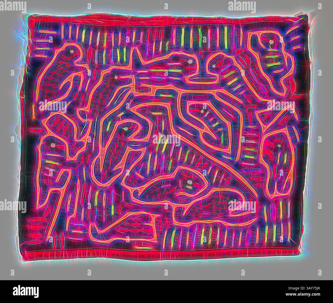 A vibrant, abstract textile design features a series of interconnected ...