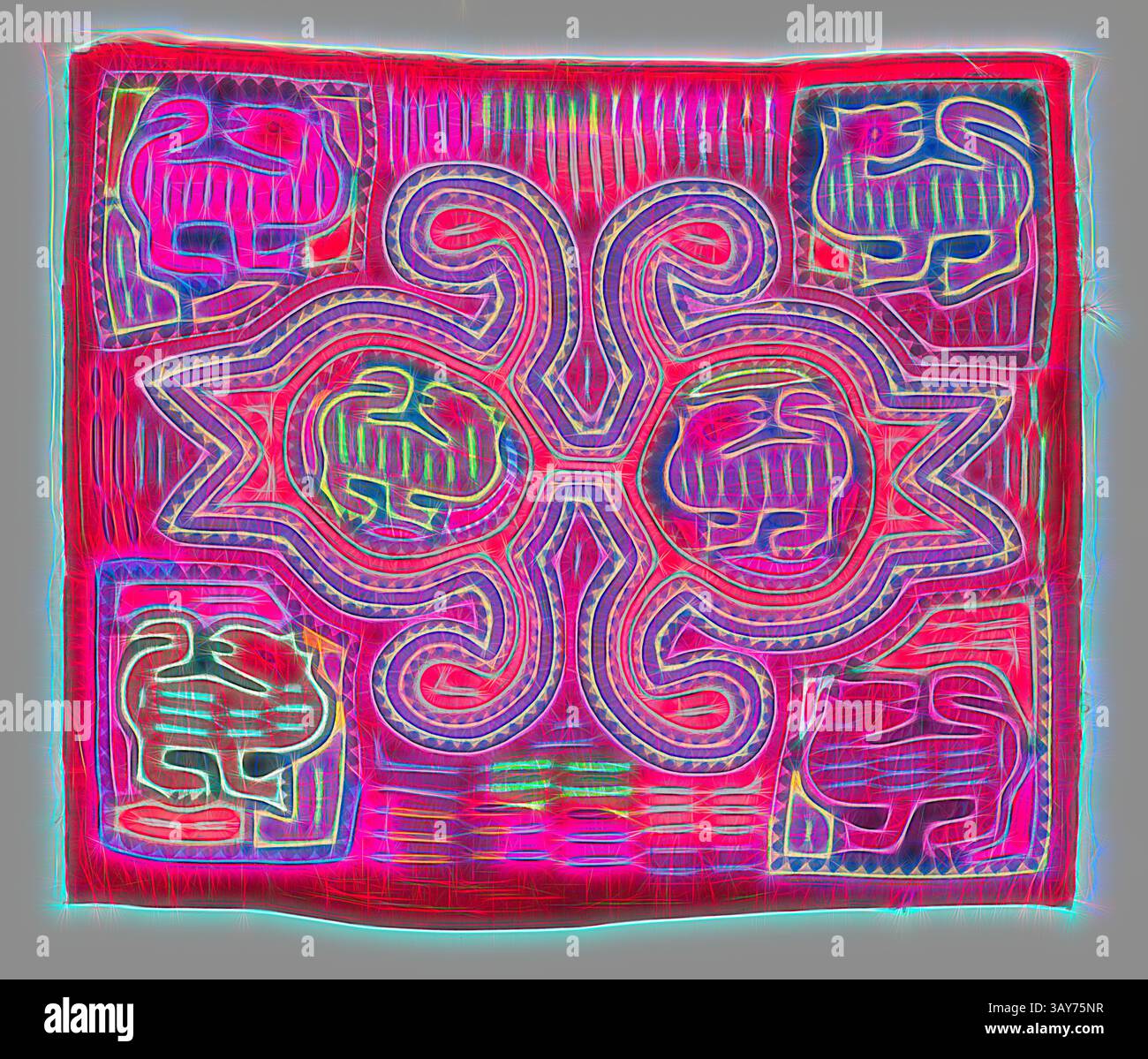 A vibrant textile featuring intricate patterns and designs, prominently ...