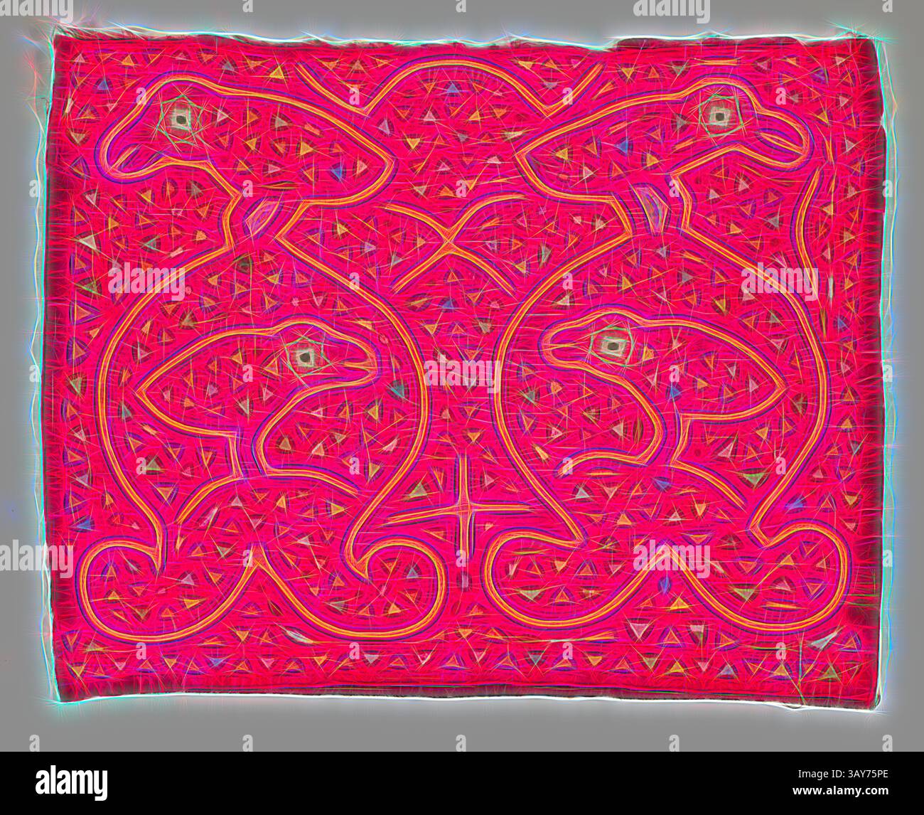 A vibrant textile featuring intricate geometric patterns and stylized ...