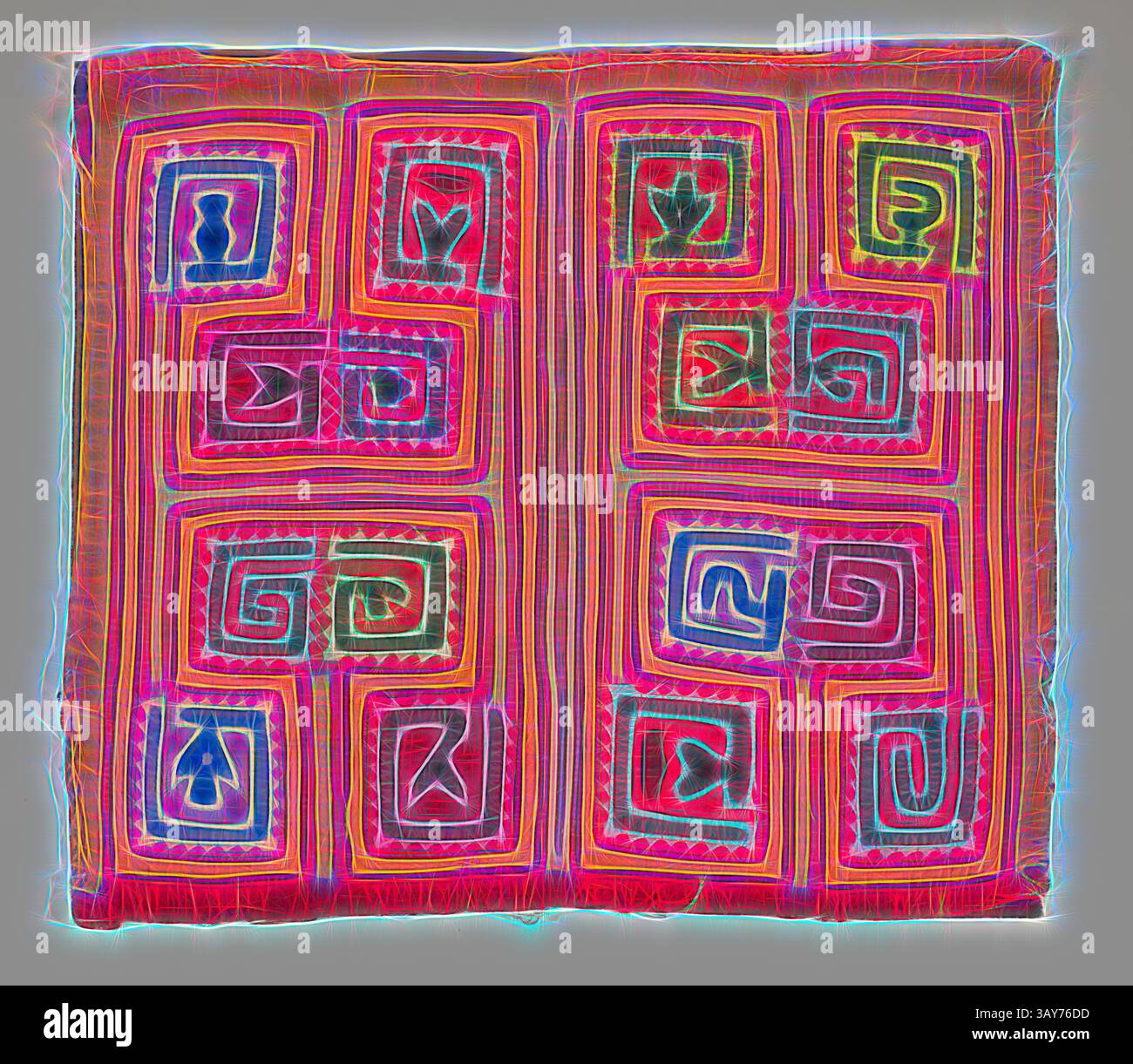 A vibrant textile featuring intricate geometric patterns and symbols ...