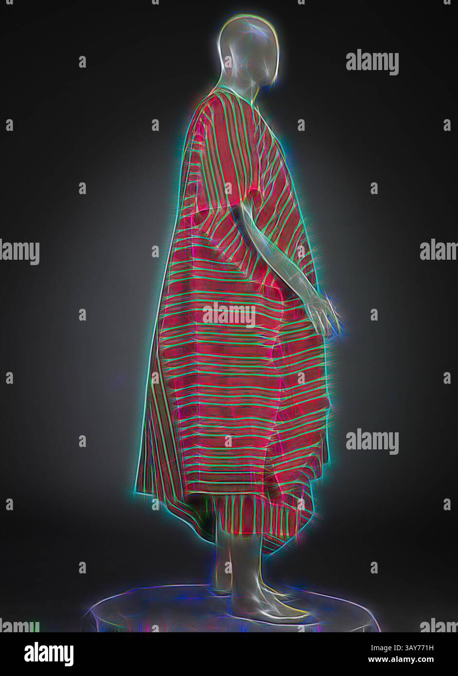 A stylized figure dressed in a vibrant, striped garment stands ...