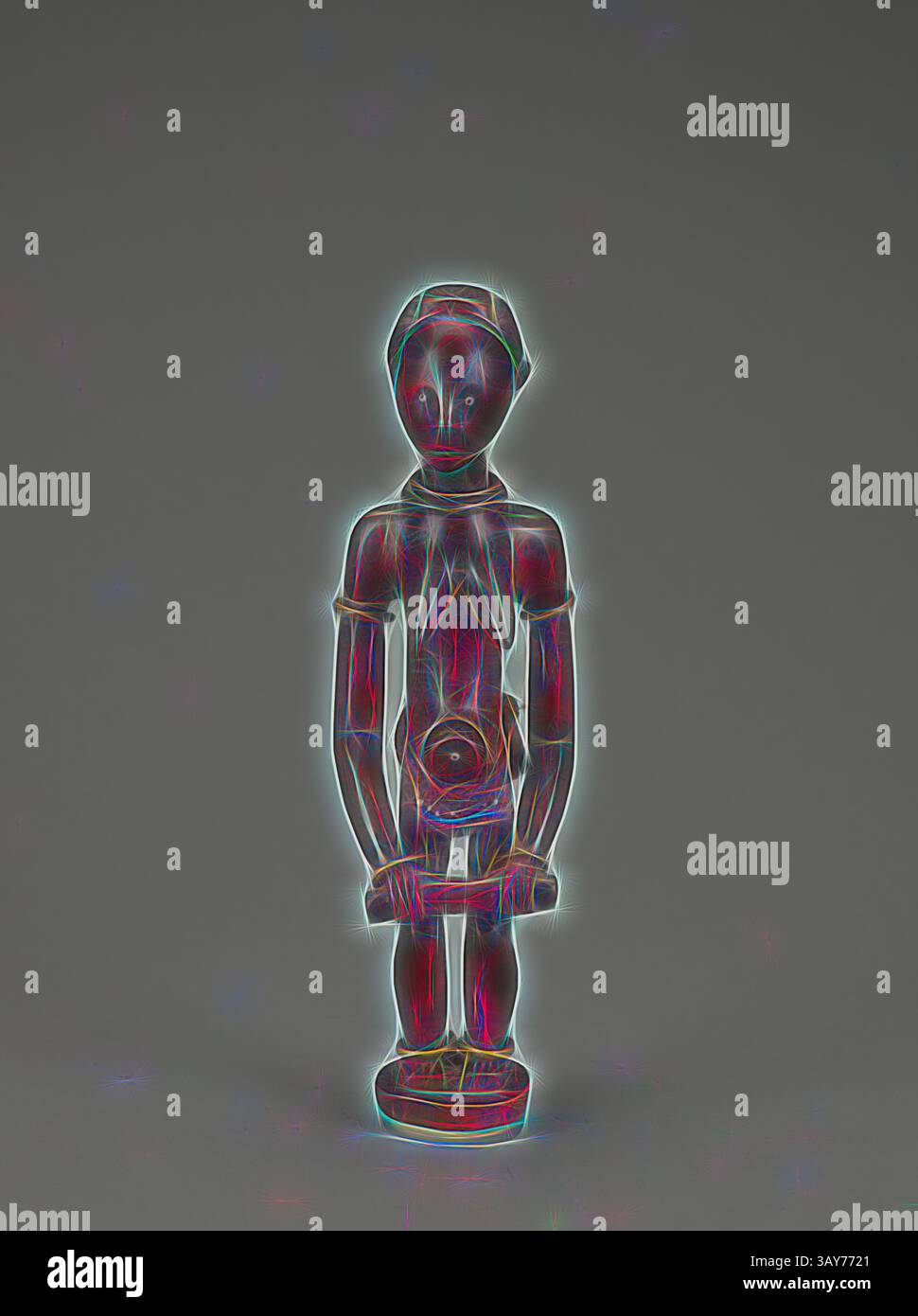 A stylized wooden figurine stands upright, featuring elongated limbs ...