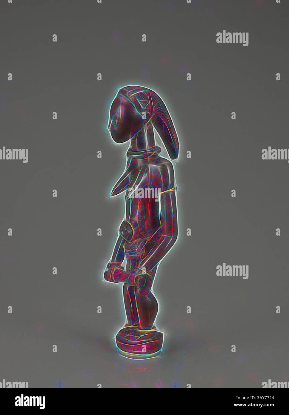 A stylized wooden figure stands upright, featuring elongated limbs and ...