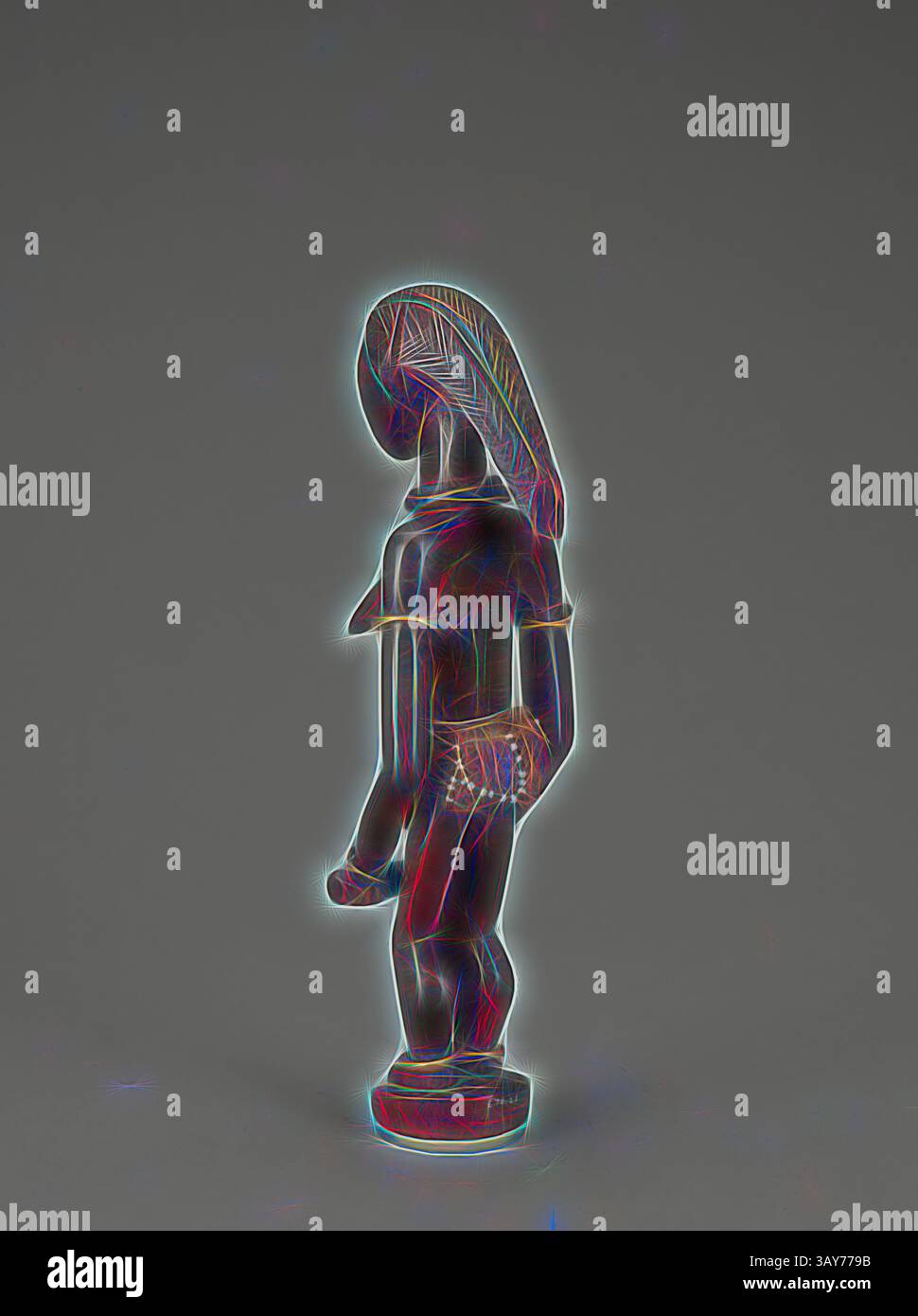 A stylized sculpture of a standing figure, featuring intricate details ...