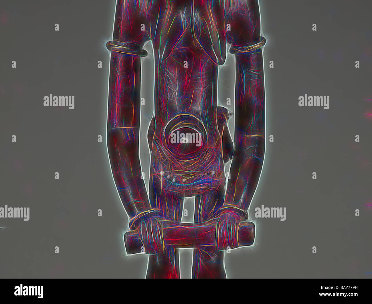 A stylized figure with elongated limbs and a central circular element ...