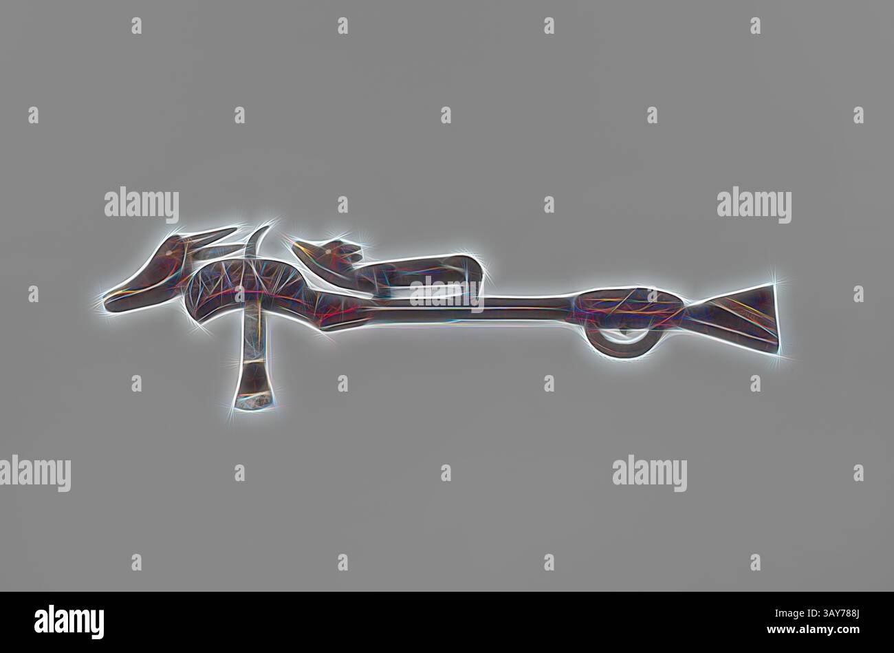 A stylized depiction of a rifle with intricate designs, featuring a ...