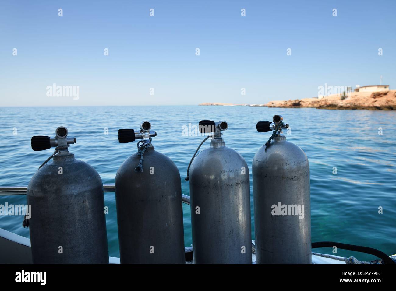 Diving gas cylinder on a boat. Scuba diving. Gulf of Oman, Ad ...