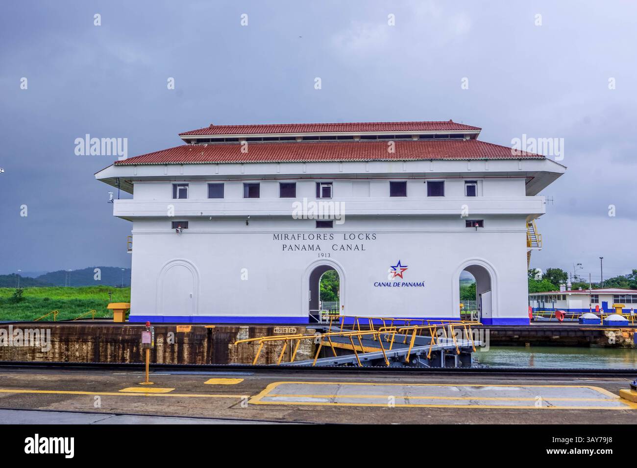 View of Miraflores Locks main building on the Panama Canal, the transit ...
