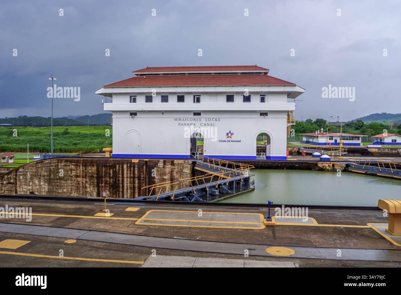 Panama canal main building, Miraflores locks, on the major waterway ...