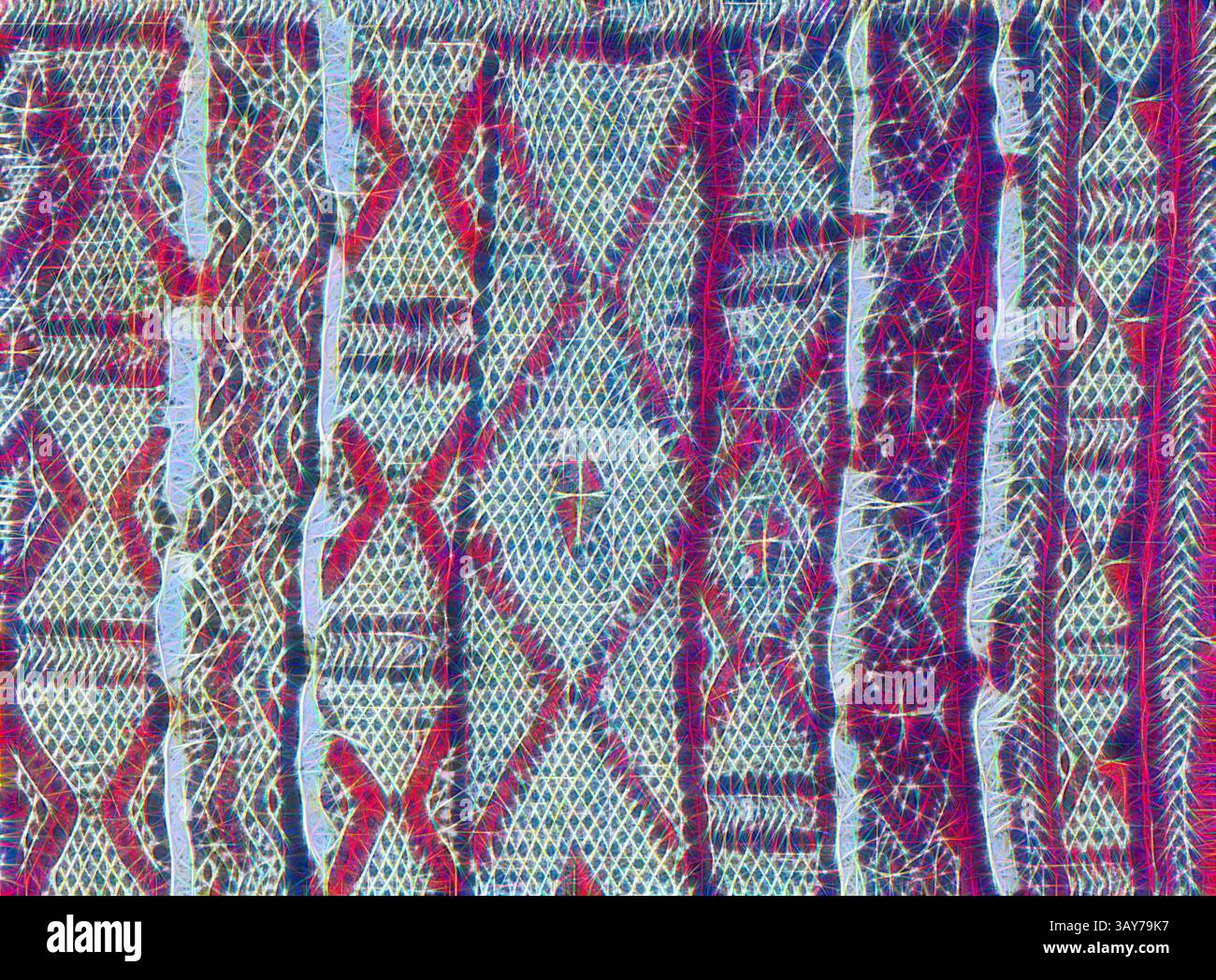 A vibrant and intricate textile pattern featuring geometric shapes and ...