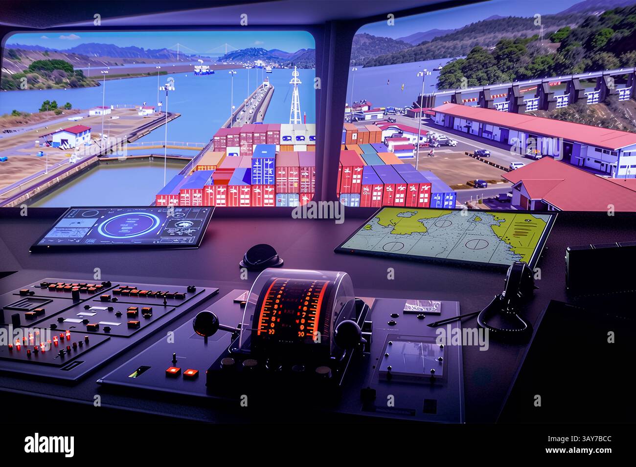 View from the ship control room to Panama canal, a container vessel in ...