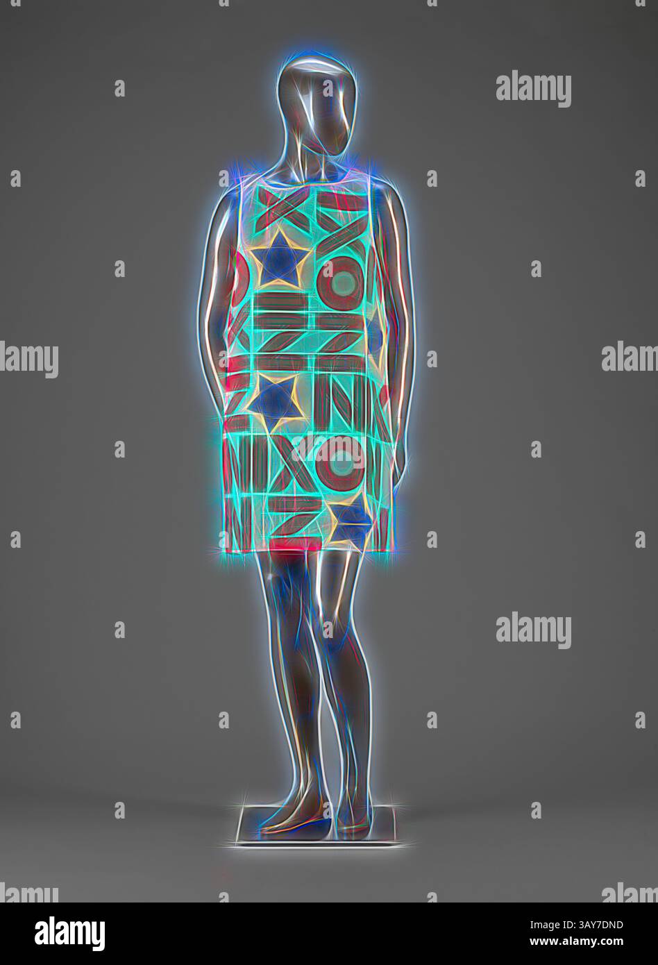 A mannequin displays a colorful dress adorned with bold patterns of ...