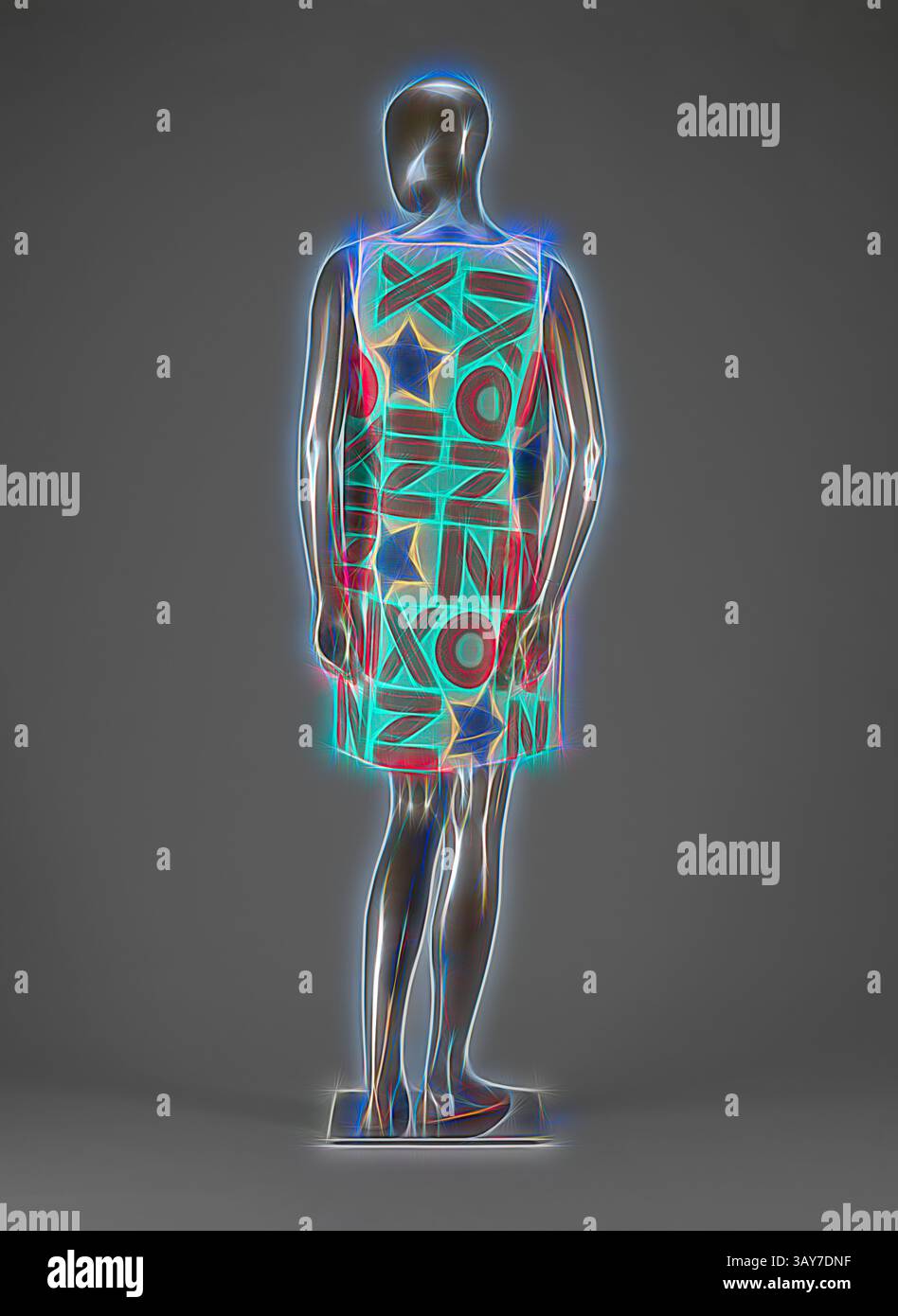 A mannequin displays a vibrant, patterned outfit featuring bold shapes ...