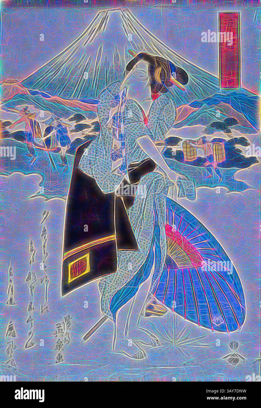 A couple embraces in a serene landscape, with a majestic mountain in ...