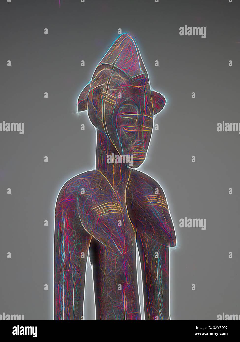 A stylized figure with intricate carvings, characterized by a ...