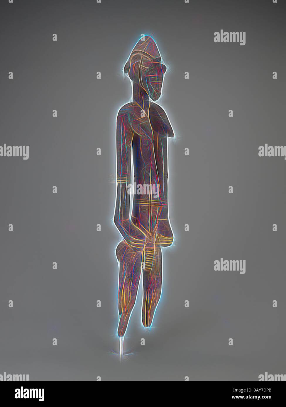 An intricately carved wooden figure stands upright, featuring elongated ...