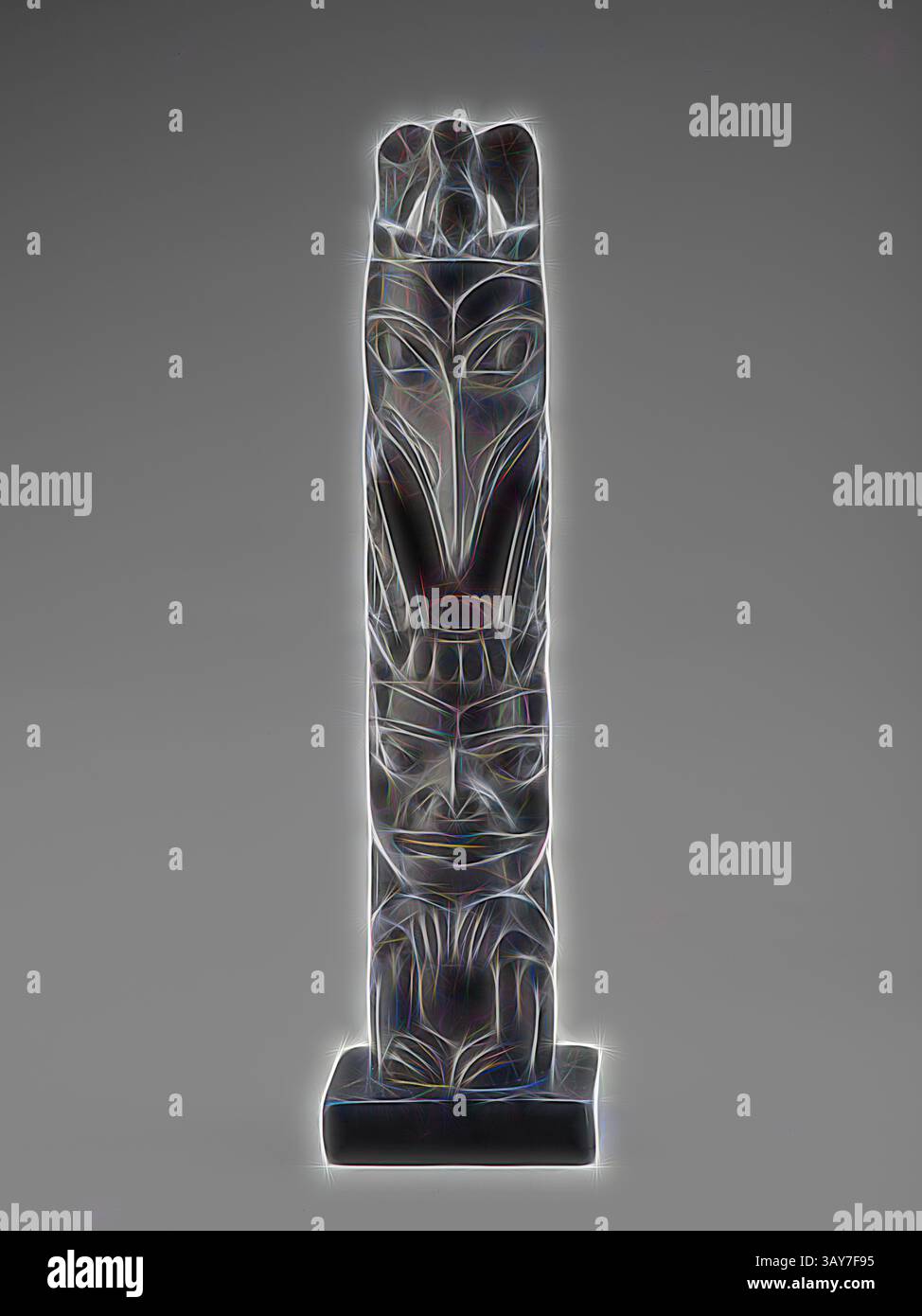 A tall, intricately carved totem pole features multiple stylized faces ...
