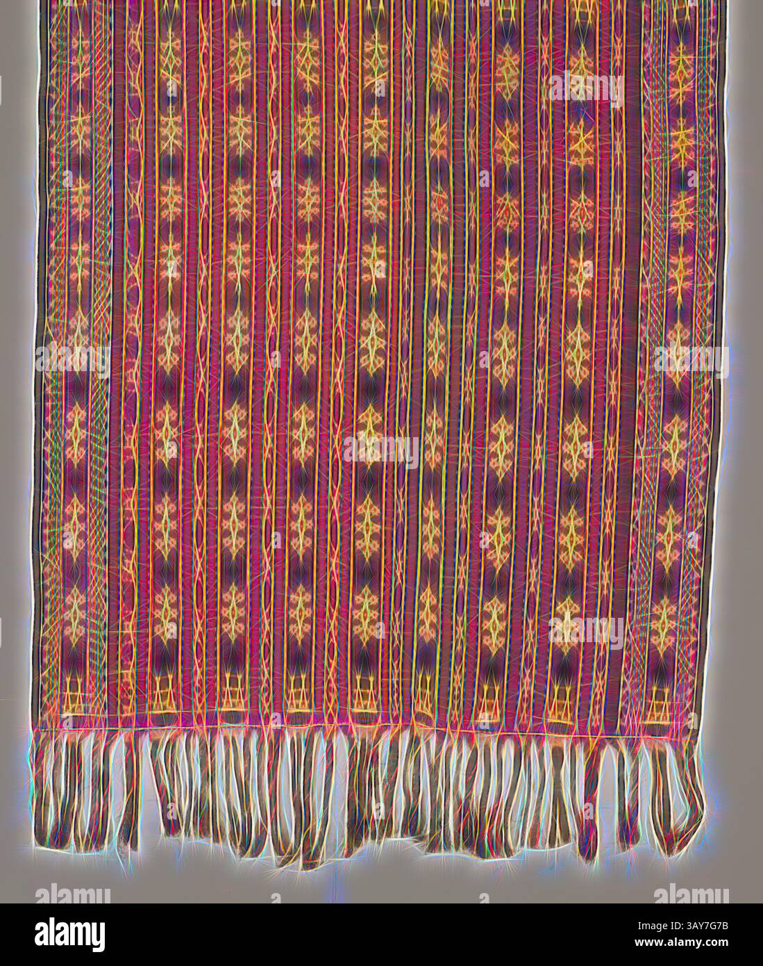 A vibrant textile featuring intricate patterns and bright colors, with ...