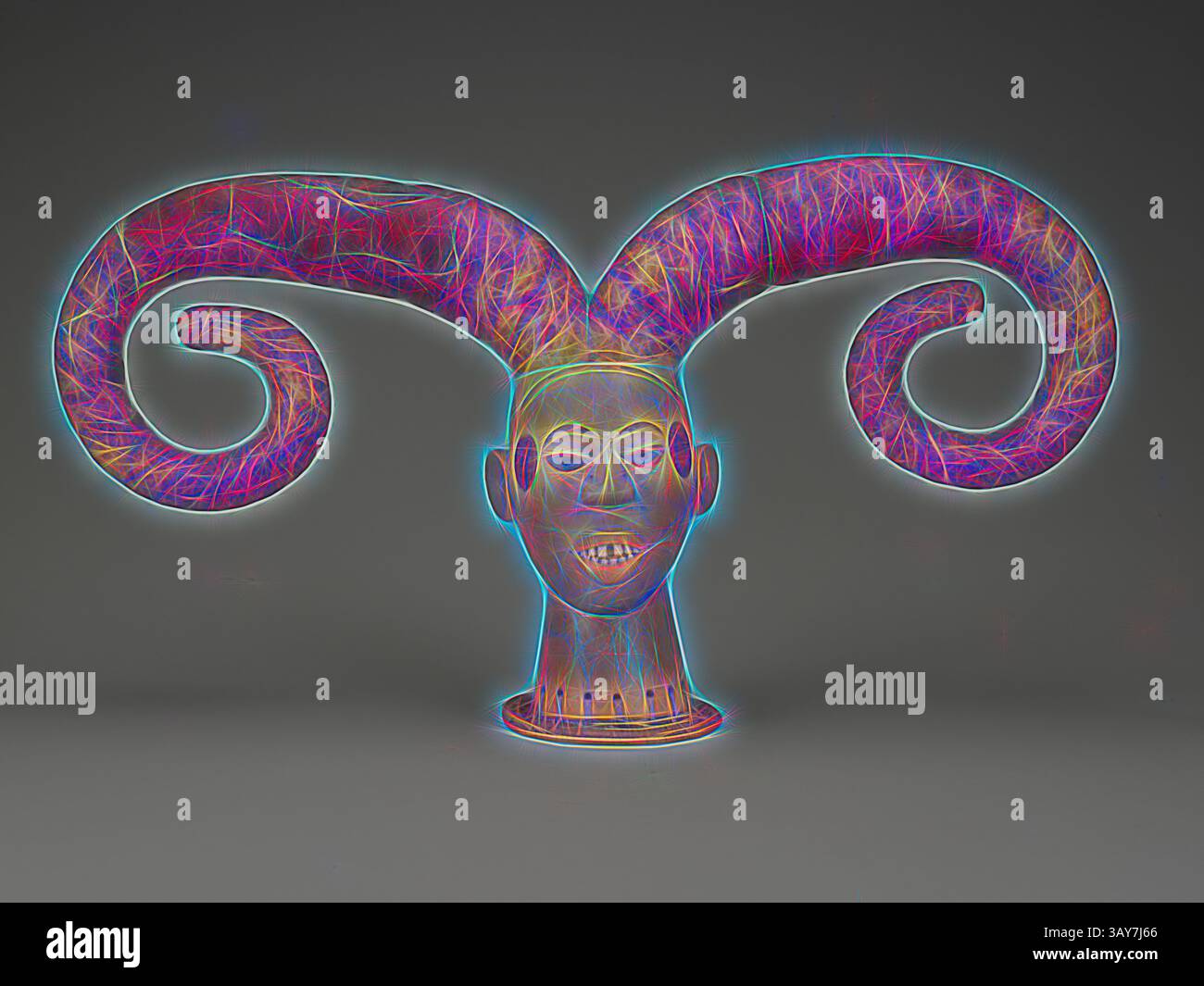 A striking sculpture featuring a head with exaggerated, spiraling horns ...