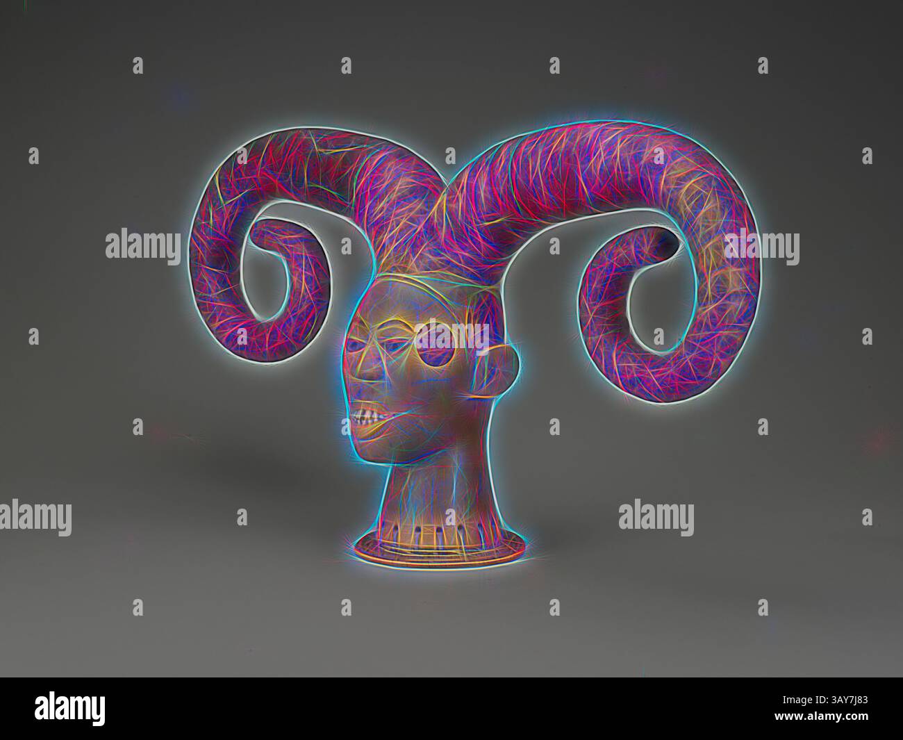 A stylized sculpture featuring an elongated head with exaggerated ...