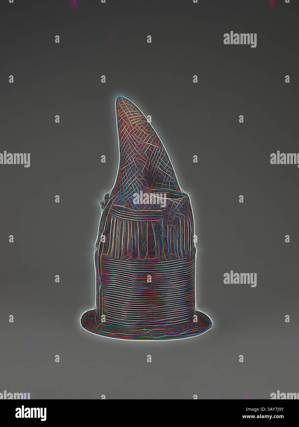 A stylized pointed hat adorned with intricate patterns, resting atop a ...