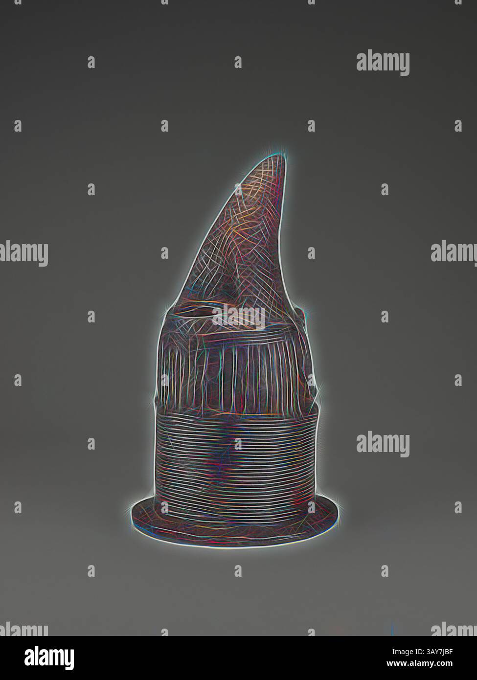 A stylized sculpture featuring a conical shape with intricate textured ...