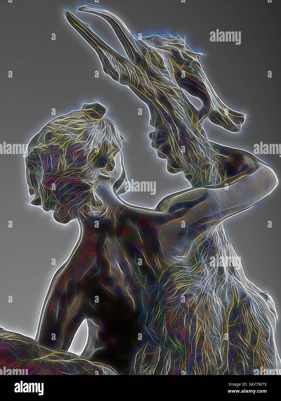 A surreal composition featuring intertwined figures, one resembling a ...