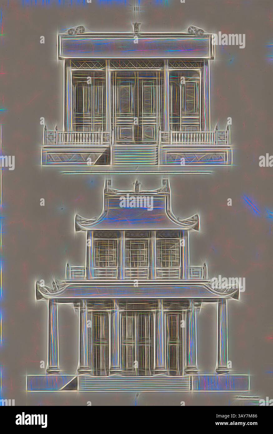 A stylized depiction of two intricately designed architectural ...