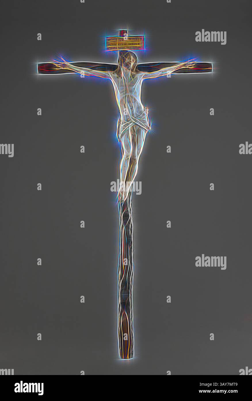 A stylized depiction of a crucifixion, featuring a figure of Christ on ...