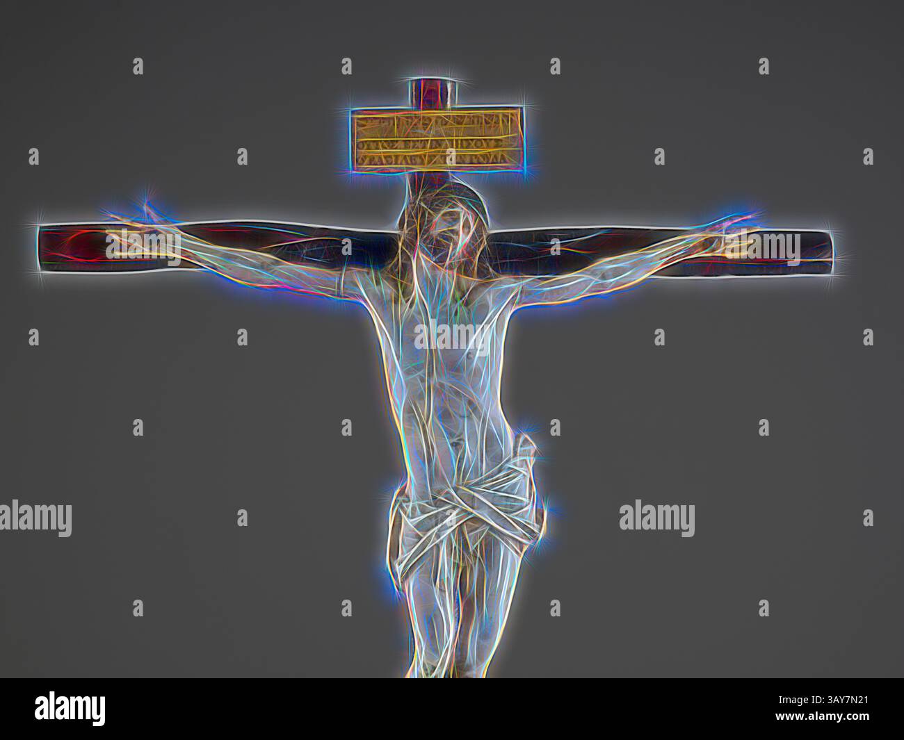 A stylized depiction of a crucifixion, featuring a figure on the cross with outstretched arms ...