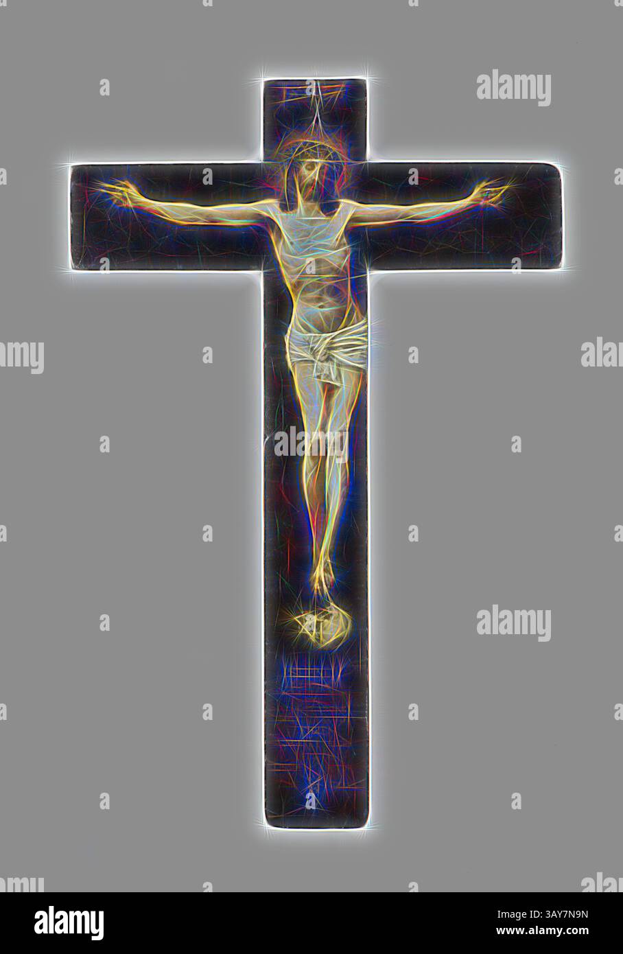 A stylized depiction of a crucifix featuring a figure of Christ, arms ...