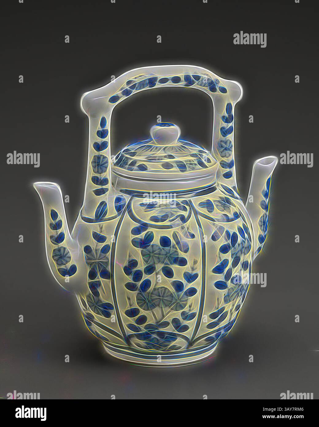 A delicate teapot adorned with intricate blue floral patterns ...