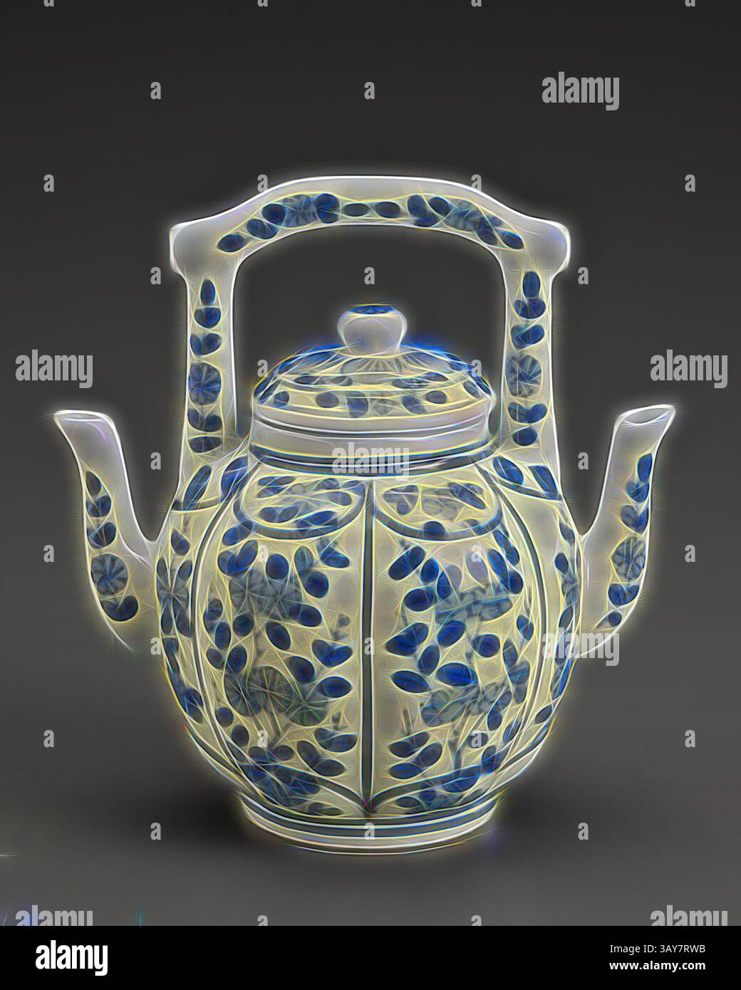 A delicately designed teapot adorned with intricate blue floral ...