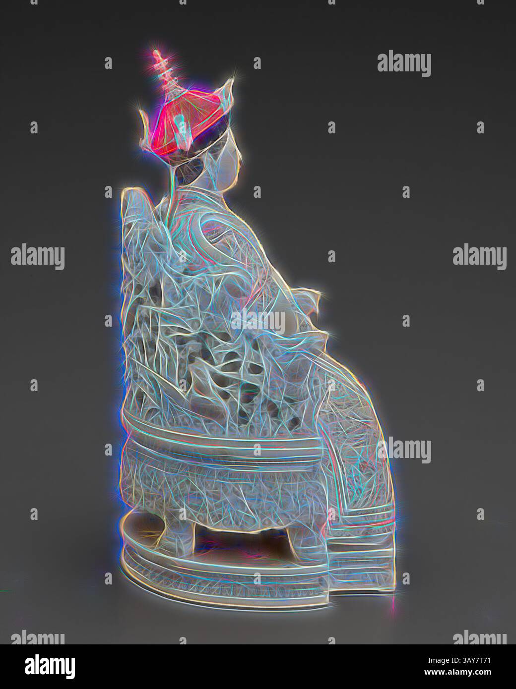 A stylized depiction of a seated figure adorned in intricate robes ...