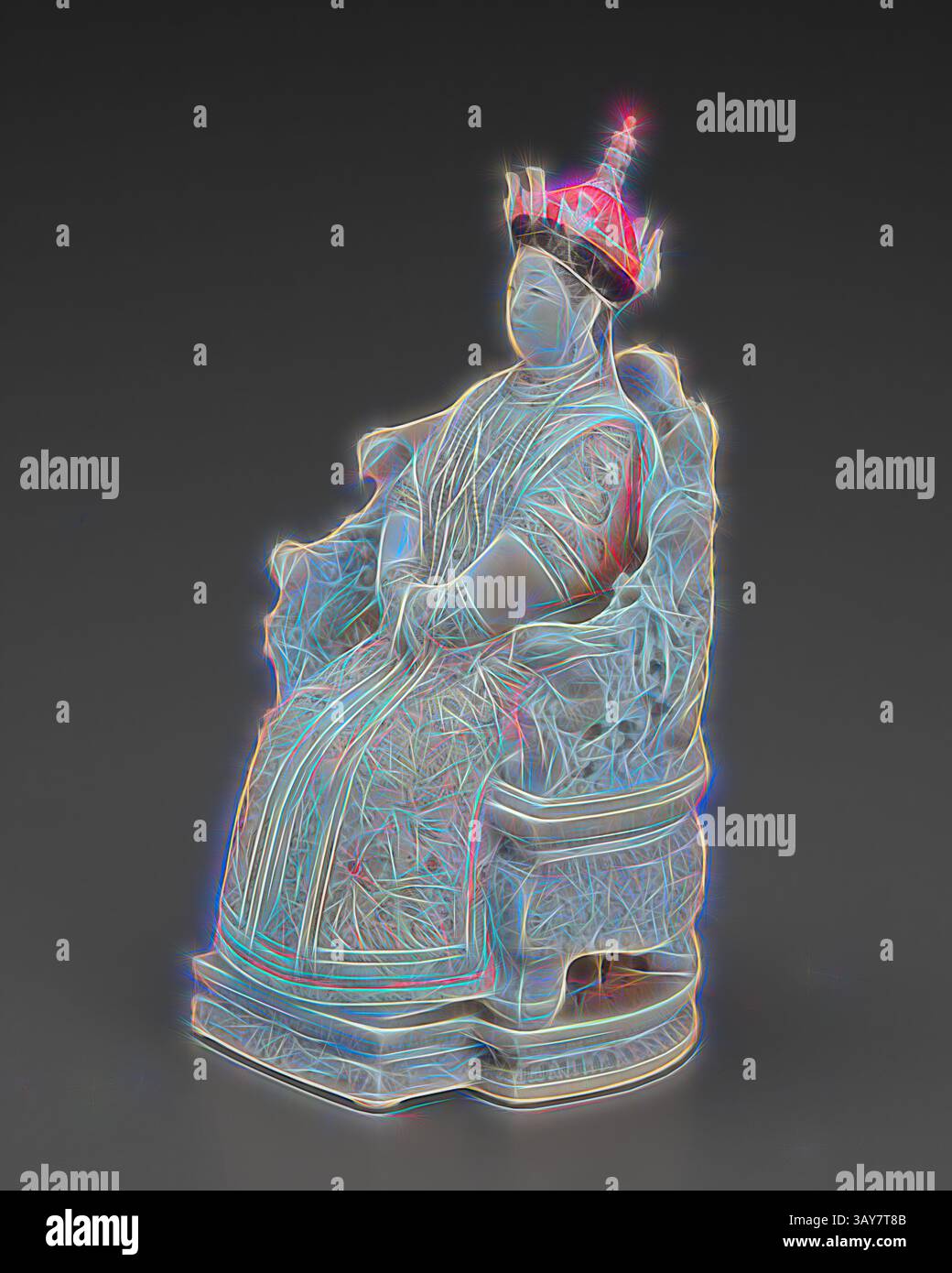 A regal figure adorned in elaborate robes sits upon an ornately ...