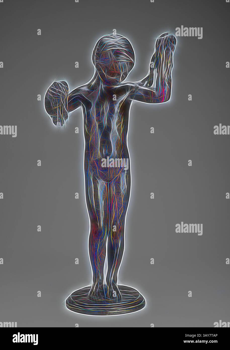 A stylized figure stands with outstretched arms, holding two objects ...