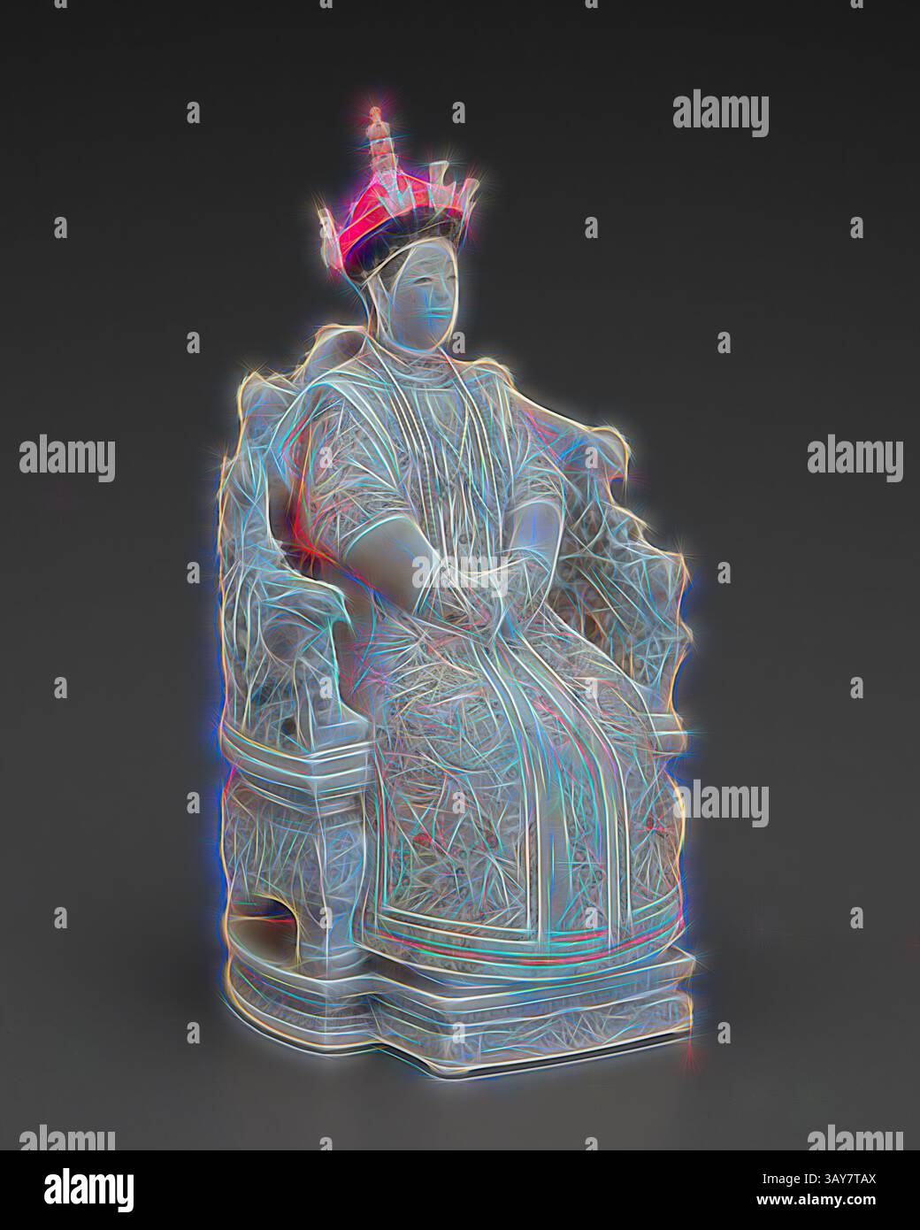 A regal figure seated on an ornate throne, adorned with intricate ...