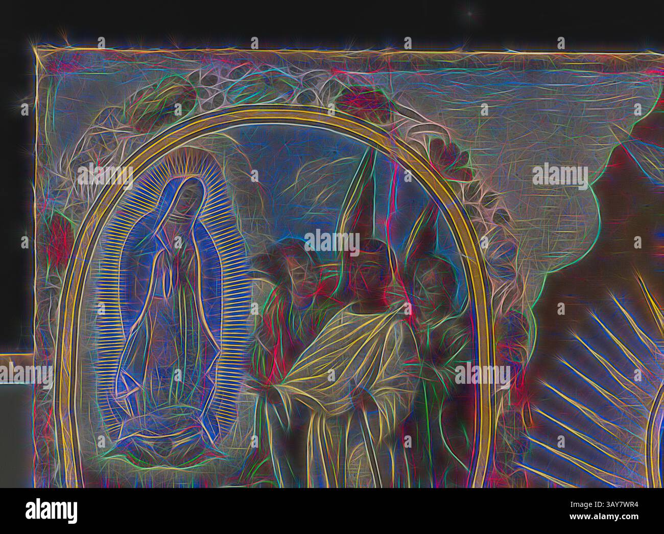 A stylized religious scene featuring a figure of the Virgin Mary ...