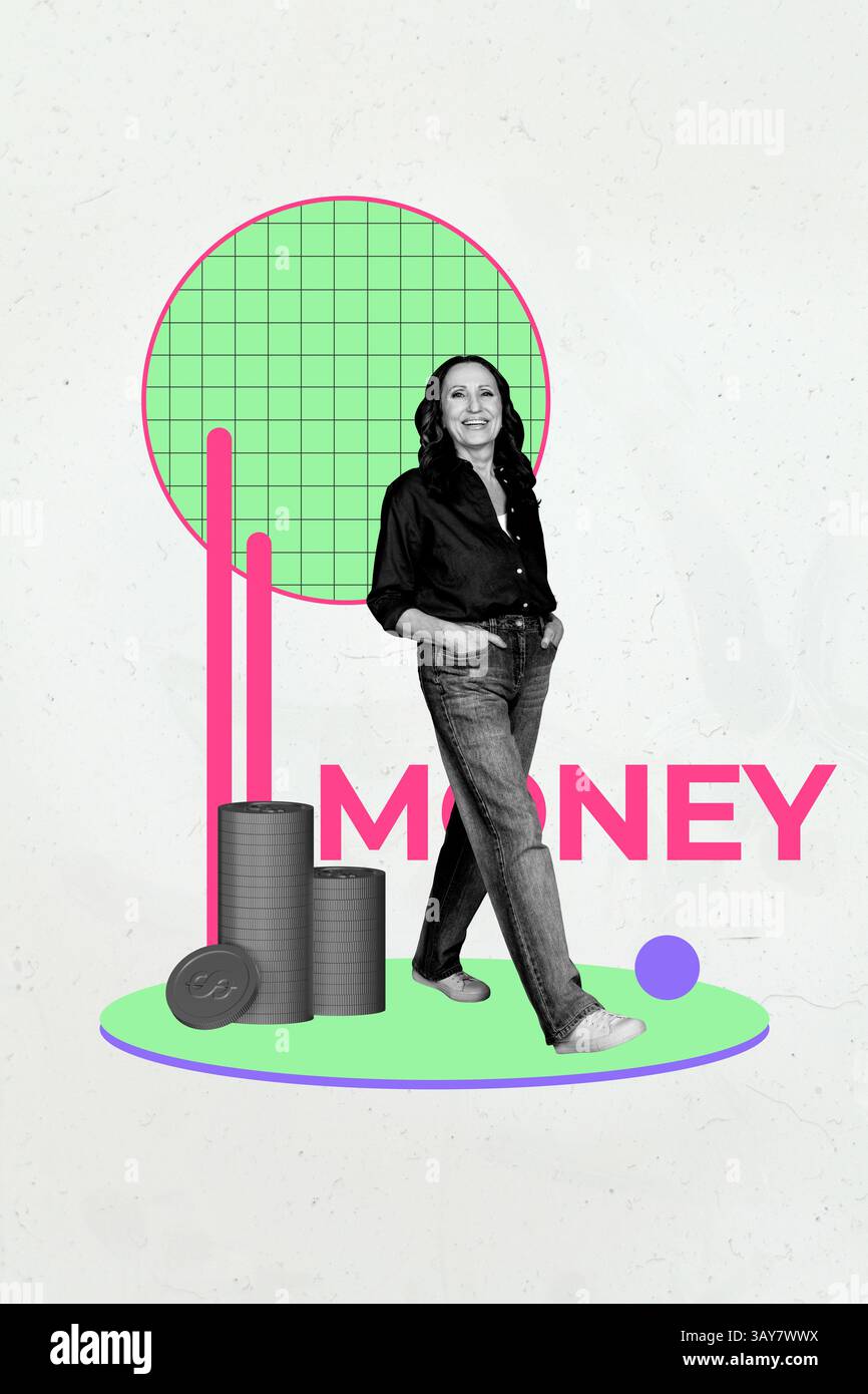 Picture surreal collage of person go walk money text coins on pastel ...