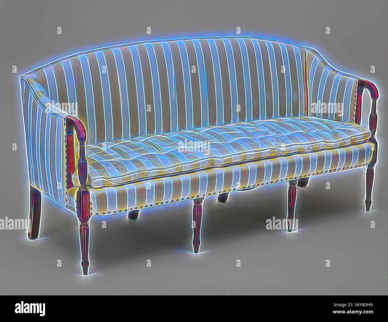 A vintage, elegantly designed couch featuring a pinstriped pattern and ...