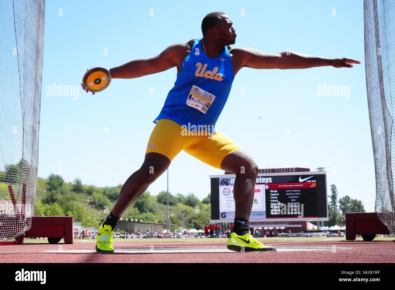 Michael Pinckney (3597) of UCLA places third in the discus at 188-10 ...