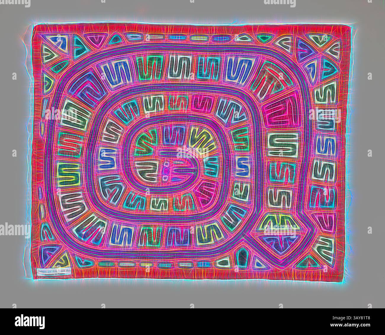 A vibrant textile featuring a complex geometric pattern with spirals ...