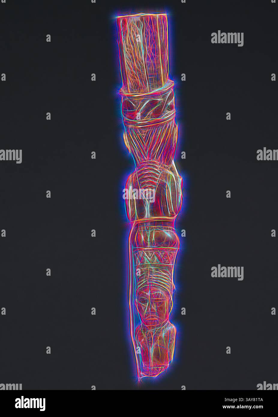 An intricately carved totem pole featuring stylized human figures and ...
